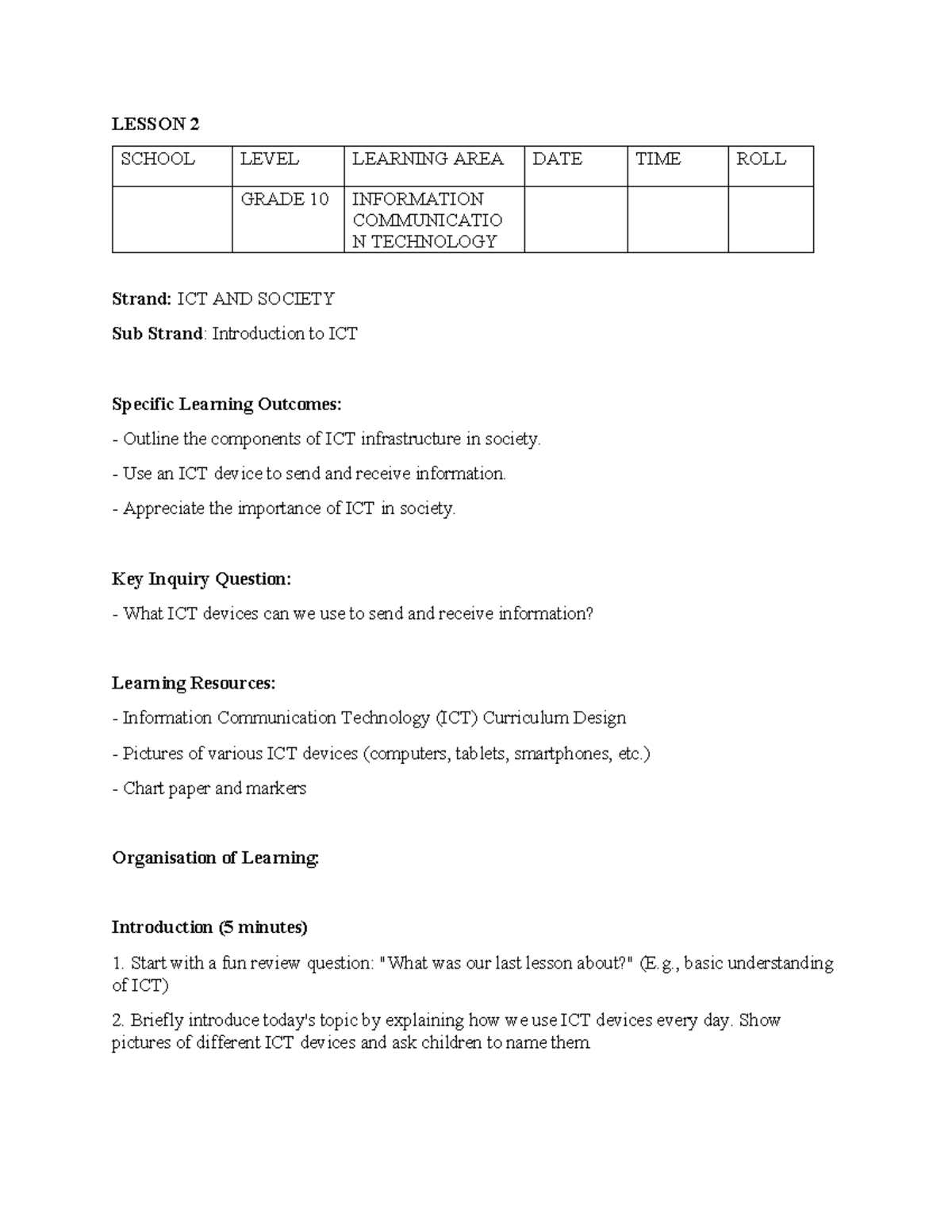 Grade 10 ICT Lesson 2: Understanding ICT Devices & Infrastructure - Studocu