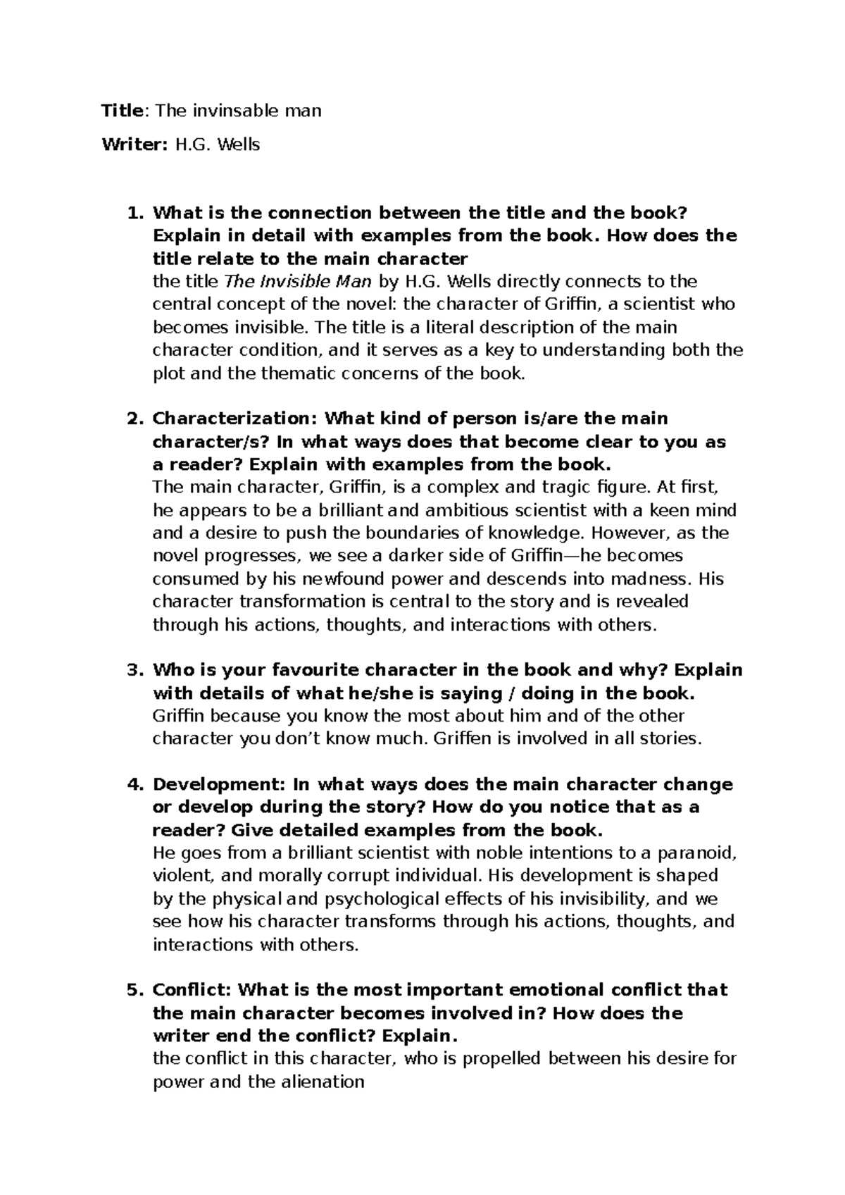 Book Report on "The Invisible Man" (H.G. Wells) Analysis - Studeersnel