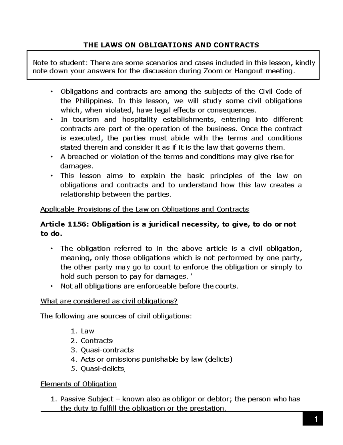 Wk 4 Lecture 1 - Laws of Obligations & Contracts in Tourism - Studocu