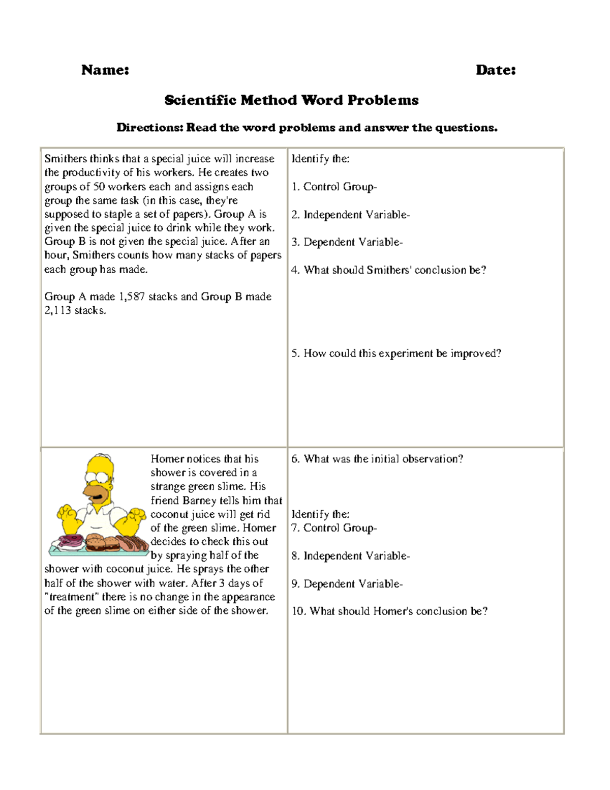 Simpsons Scientific Method Variables Worksheet (Sci 101) - Studocu