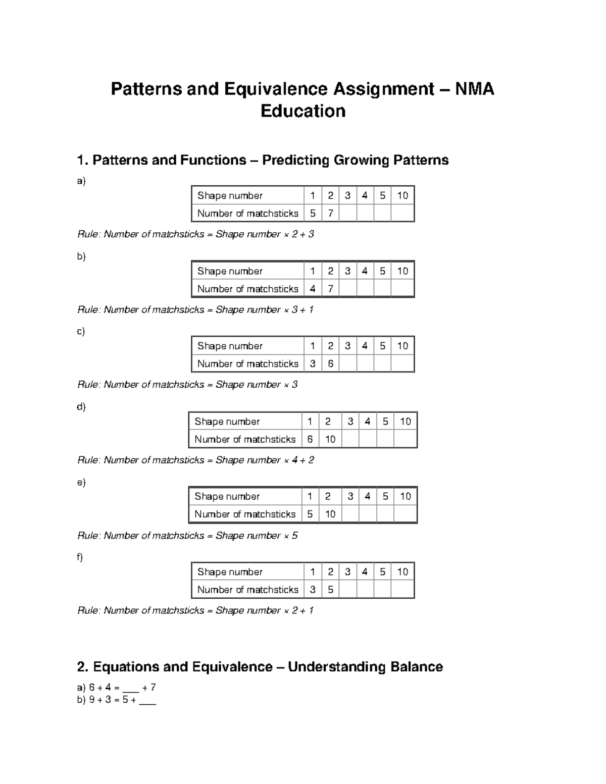 Patterns and Equivalence Assignment NMA: Growing Patterns & Equations ...