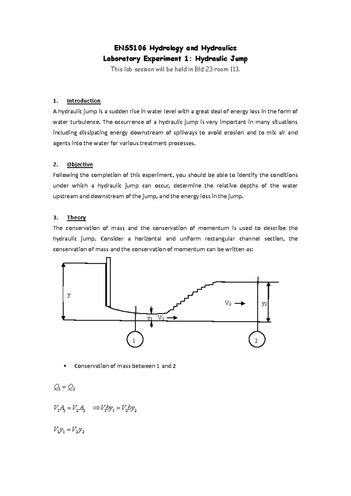 Hydraulic Jump: ENS5106 Lab Experiment Overview & Procedures - Studocu