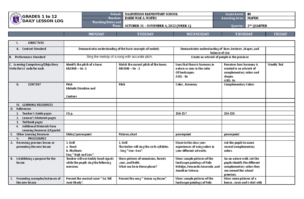 DLL MAPEH 3 Q2 W1 - Daily Lesson Log and Learning Activities - Studocu