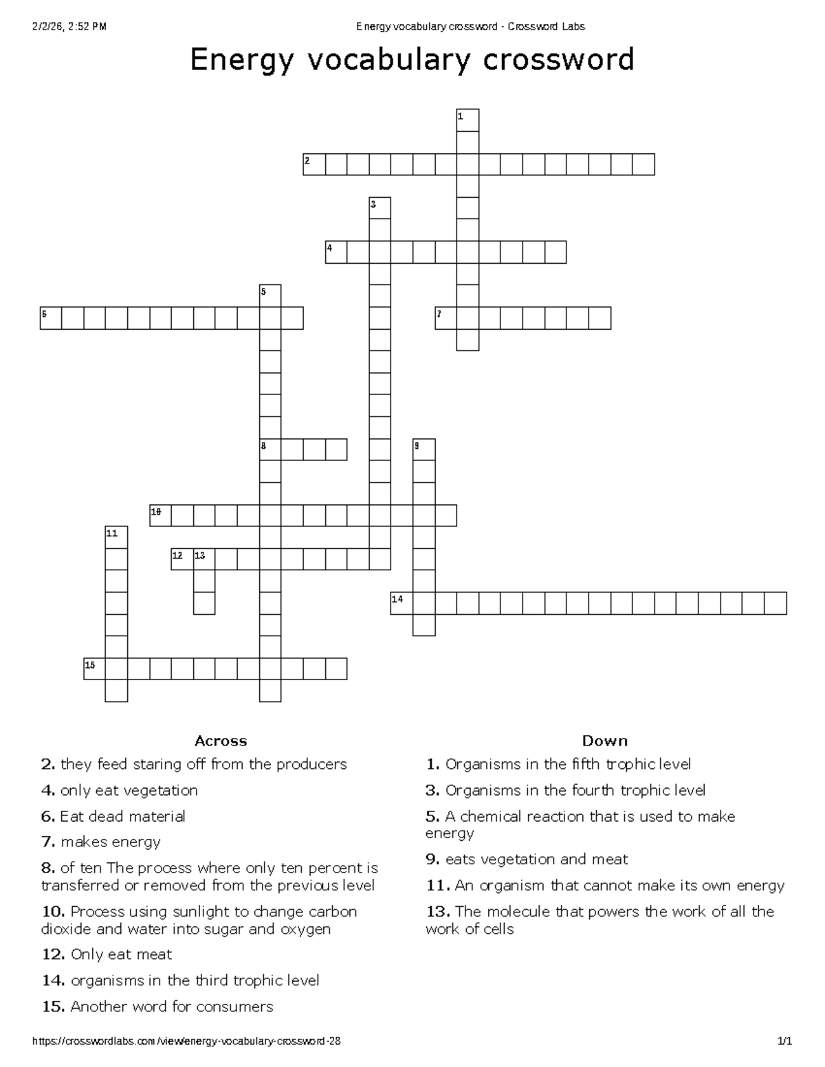 Energy Vocabulary Crossword - Trophic Levels & Processes - Studocu