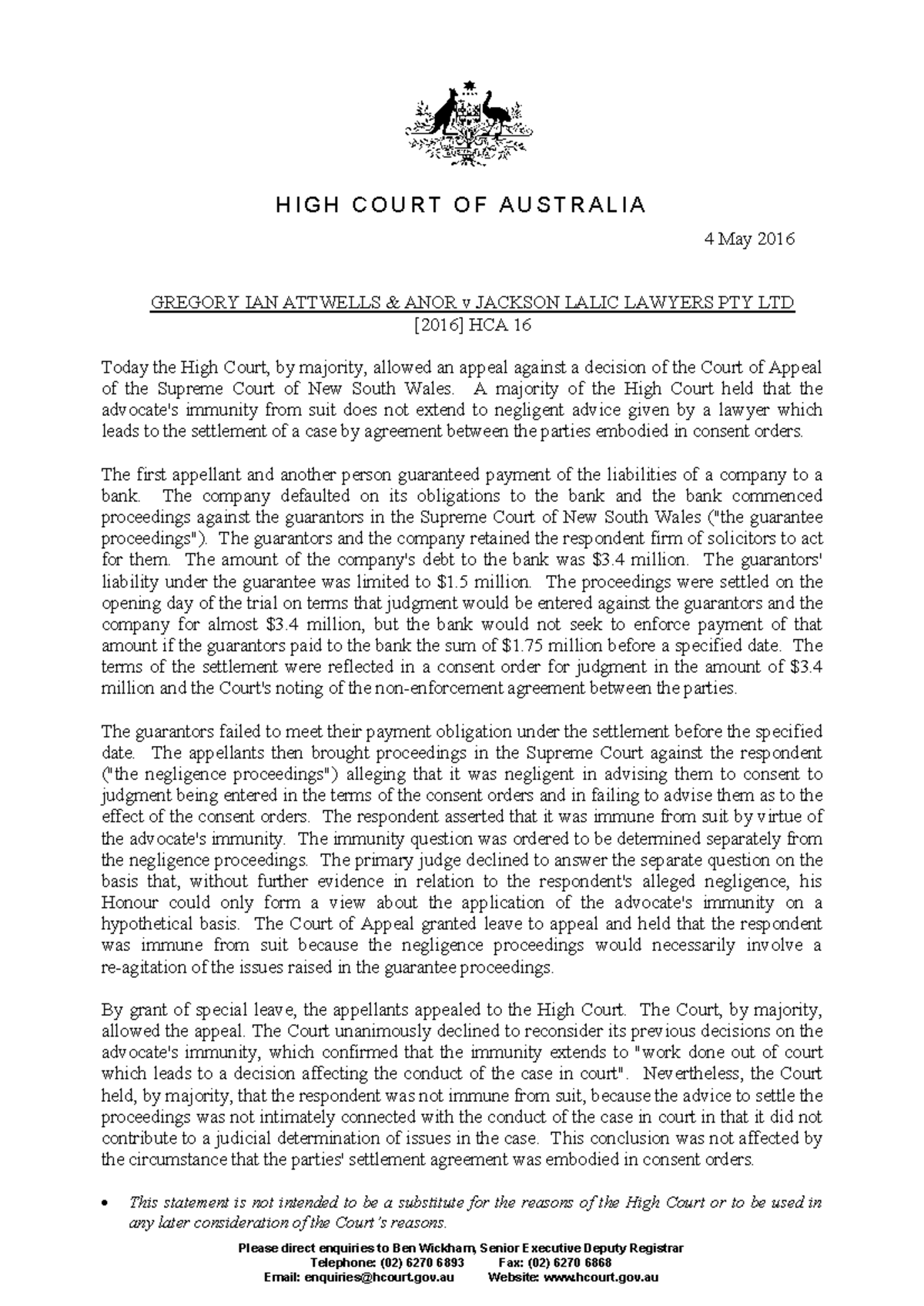 Summary of Attwells v Jackson Lalic HCA 16 - High Court Decision ...