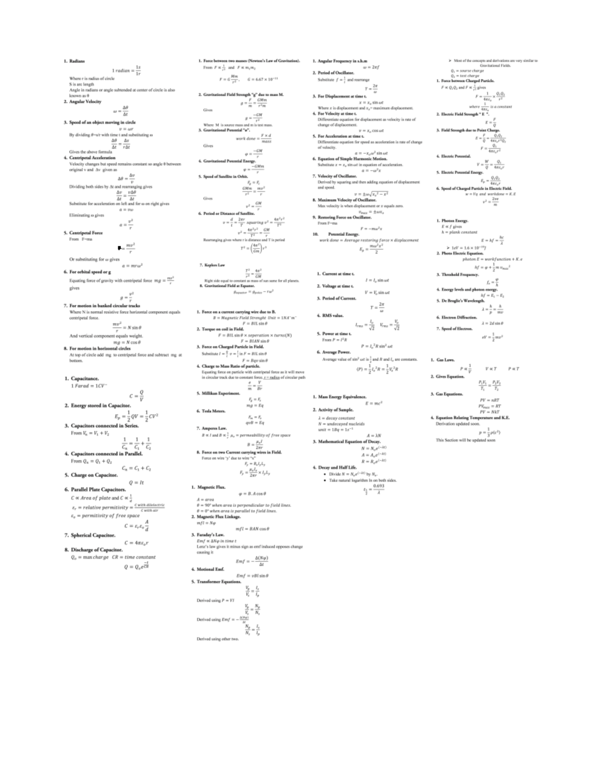 Physics formula A2 - 1. Radians 1. Force between two masses Gravitation ...