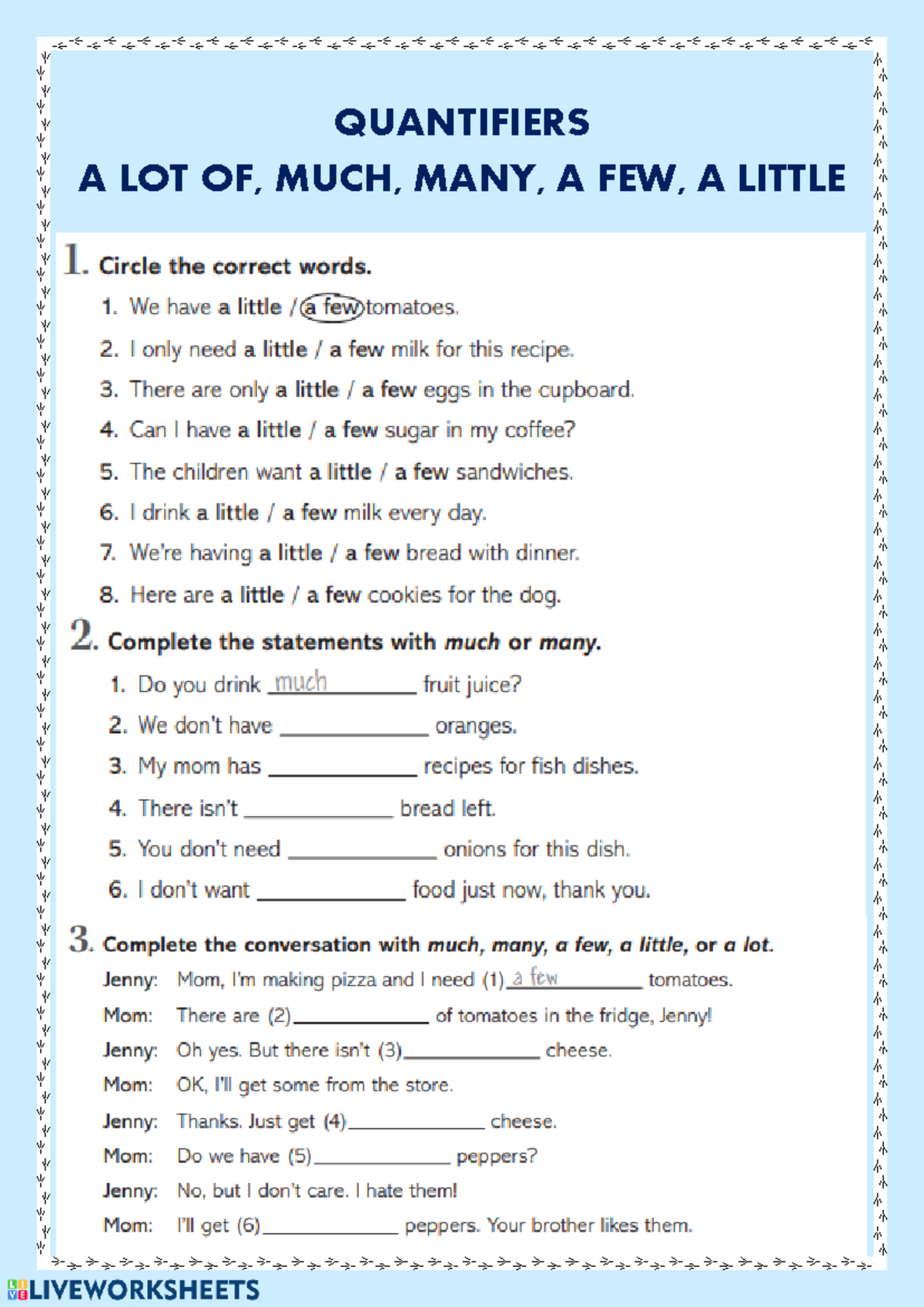 A lot of much many a few a little - QUANTIFIERS A LOT OF, MUCH, MANY, A ...