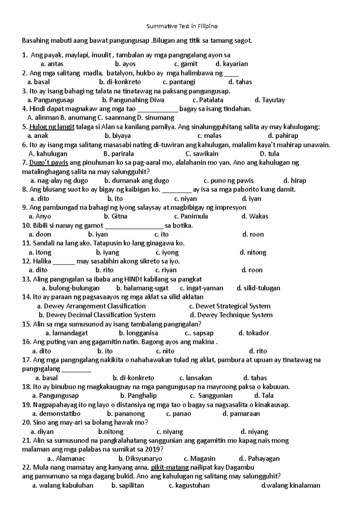 Edited Summative Test in Filipino (Fil 101) - Studocu