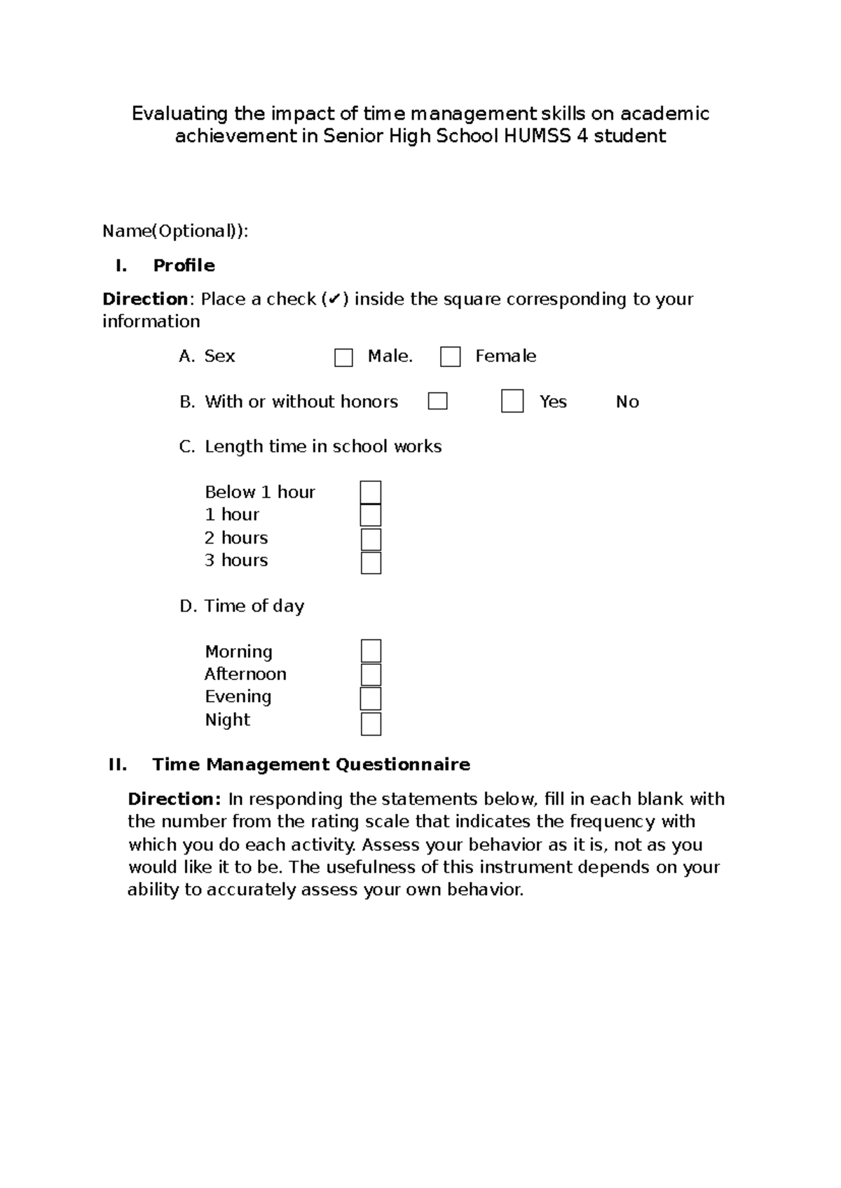 Evaluating Time Management & Academic Success in HUMSS 4 Students - Studocu