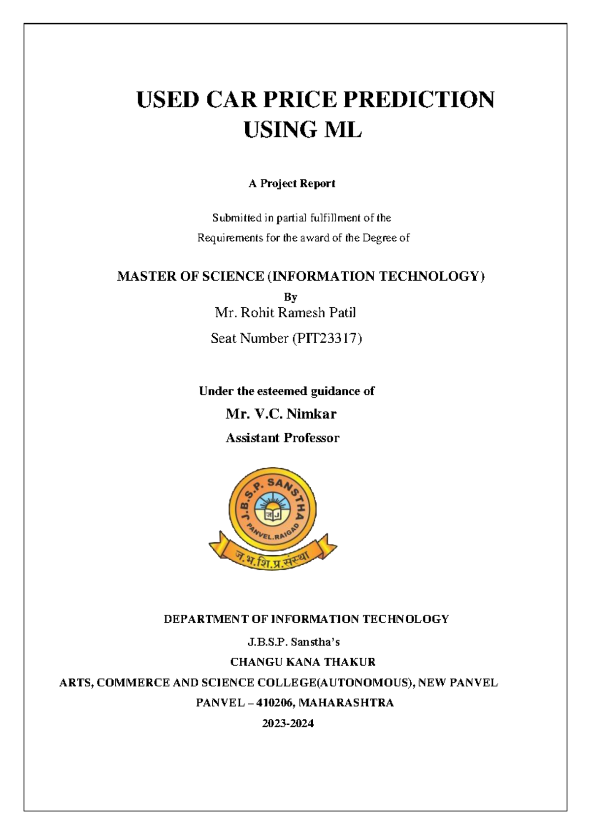 USED CAR PRICE PREDICTION USING ML - M.Sc. IT Project Report - Studocu