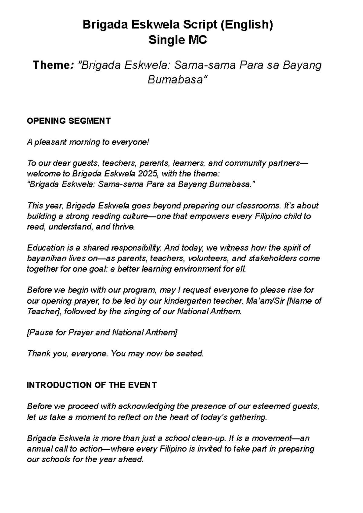 Brigada Eskwela 2025 Script: Emcee Guide for Opening Ceremony - Studocu