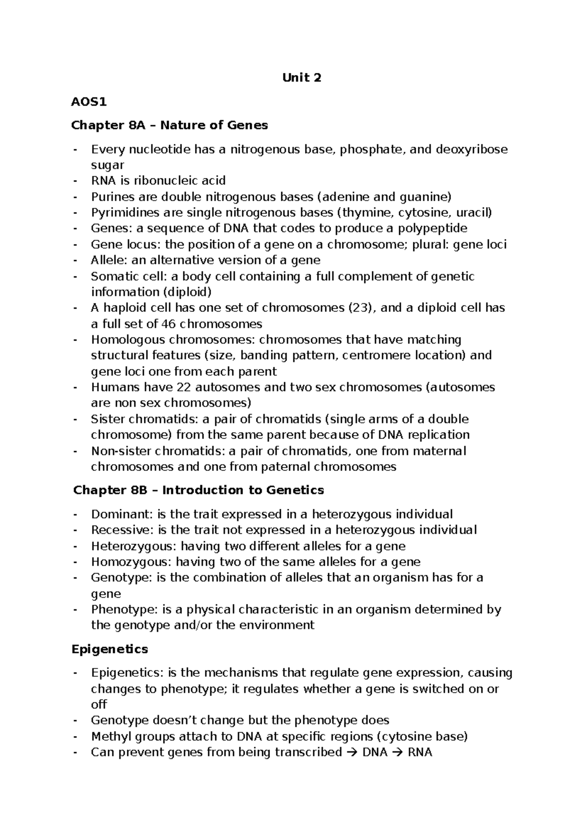 Genetics Overview: AOS1 Unit 2 Chapter 8 - DNA, Genes, and Meiosis ...
