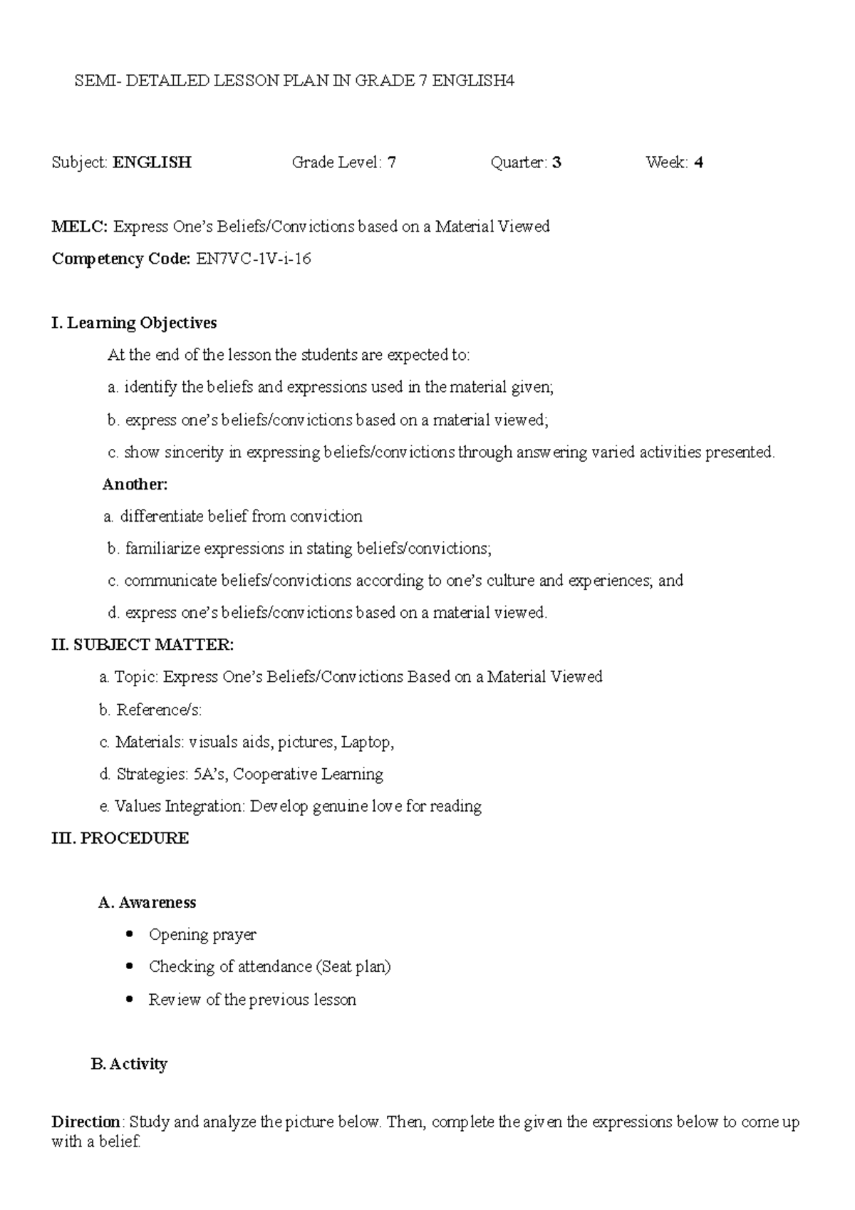 BC Semi-Detailed Lesson Plan for Grade 7 - Beliefs and Convictions ...