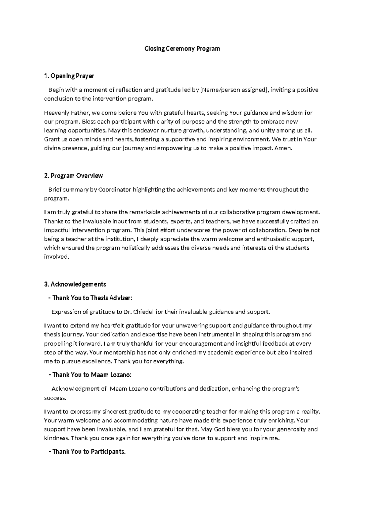 Closing Ceremony Program: Acknowledgments and Reflections - Studocu