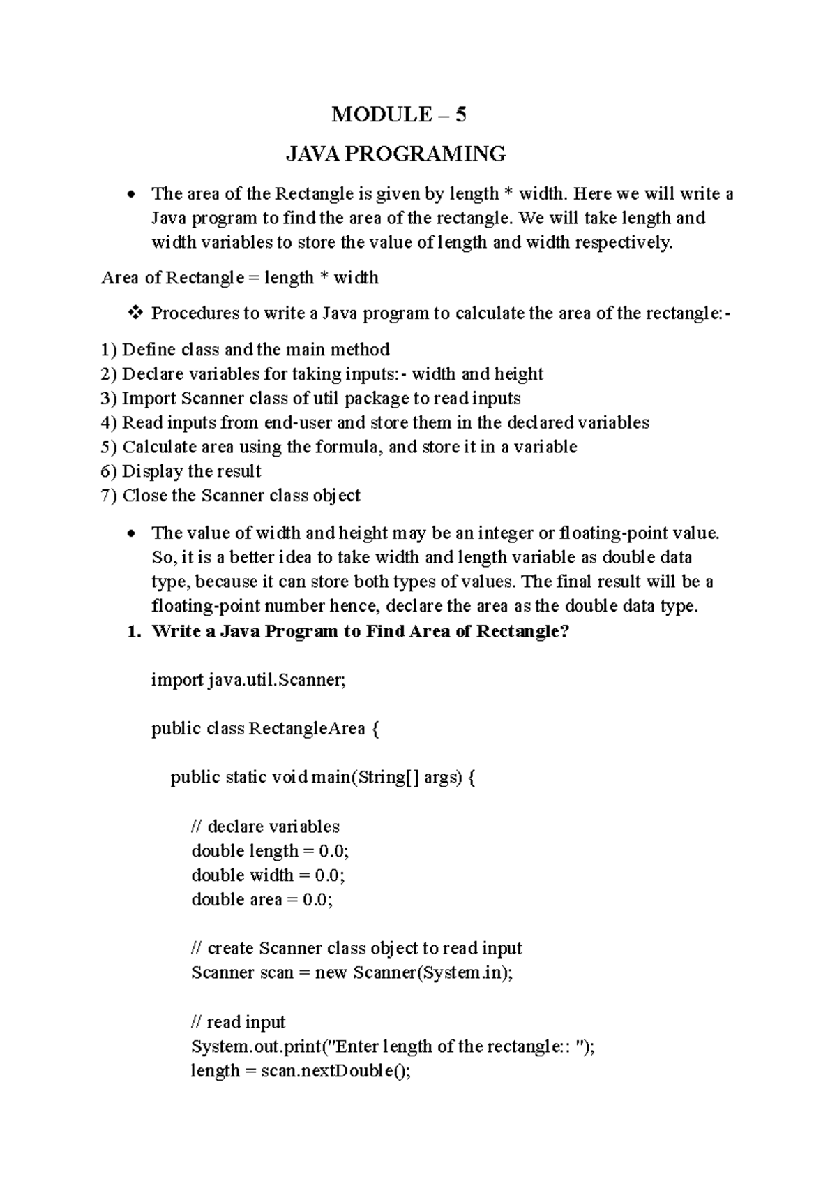 M5 Java Programming: Calculating Area of a Rectangle - Studocu