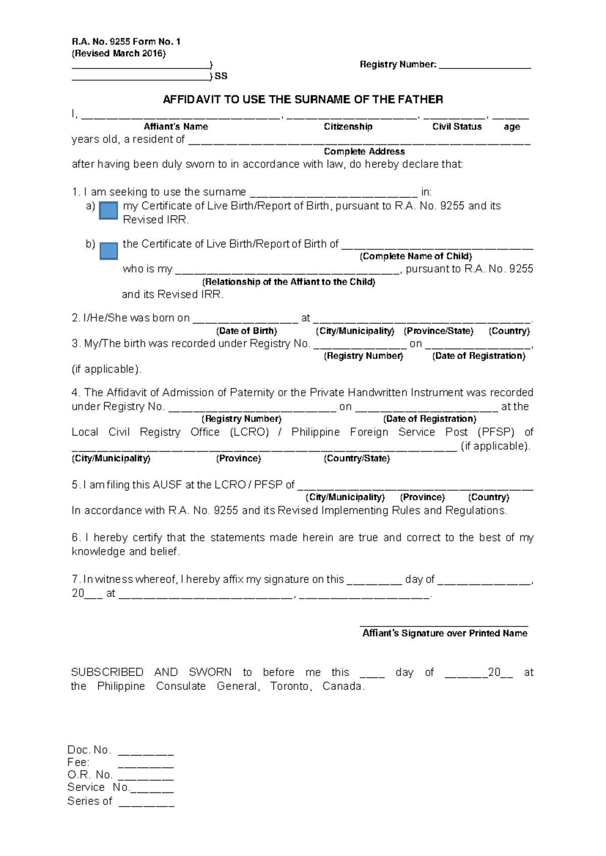 AUSF Affidavit to Use Father's Surname - R.A. No. 9255 Form No. 1 - Studocu