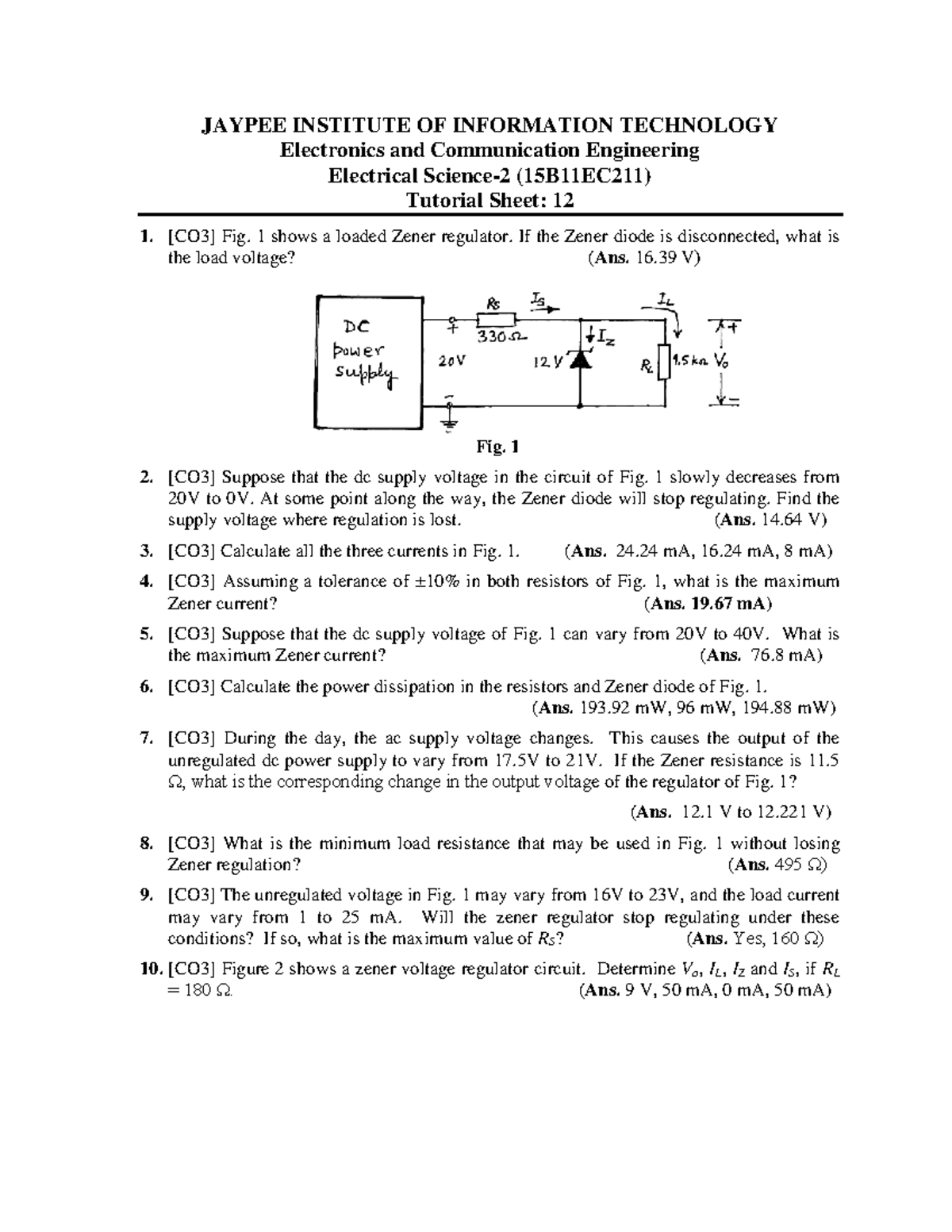 Tutorial Sheet 12: Zener Regulator Analysis (15B11EC211) - Studocu