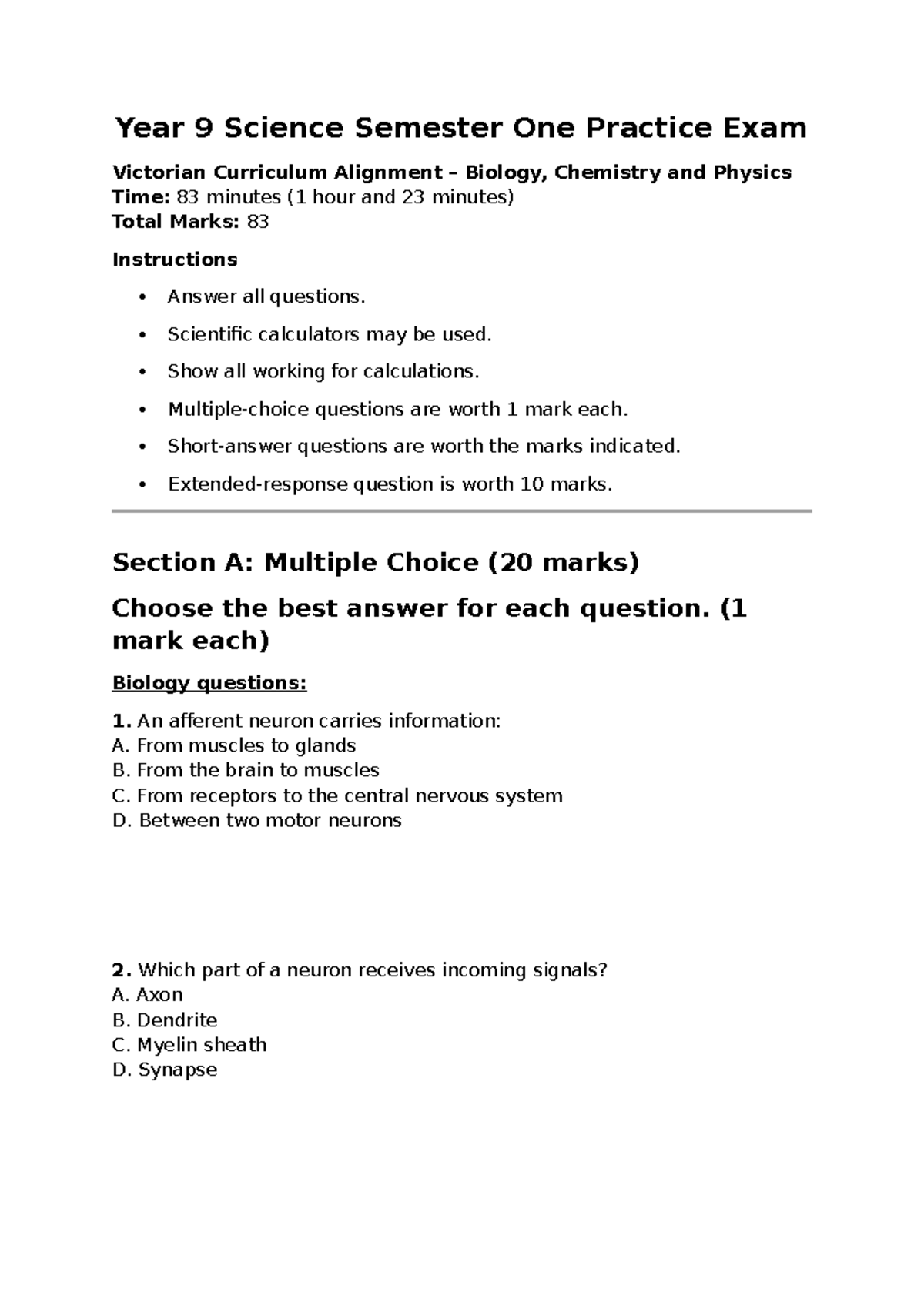 Year 9 Science SEM1 Practice Exam: Biology, Chemistry & Physics - Studocu