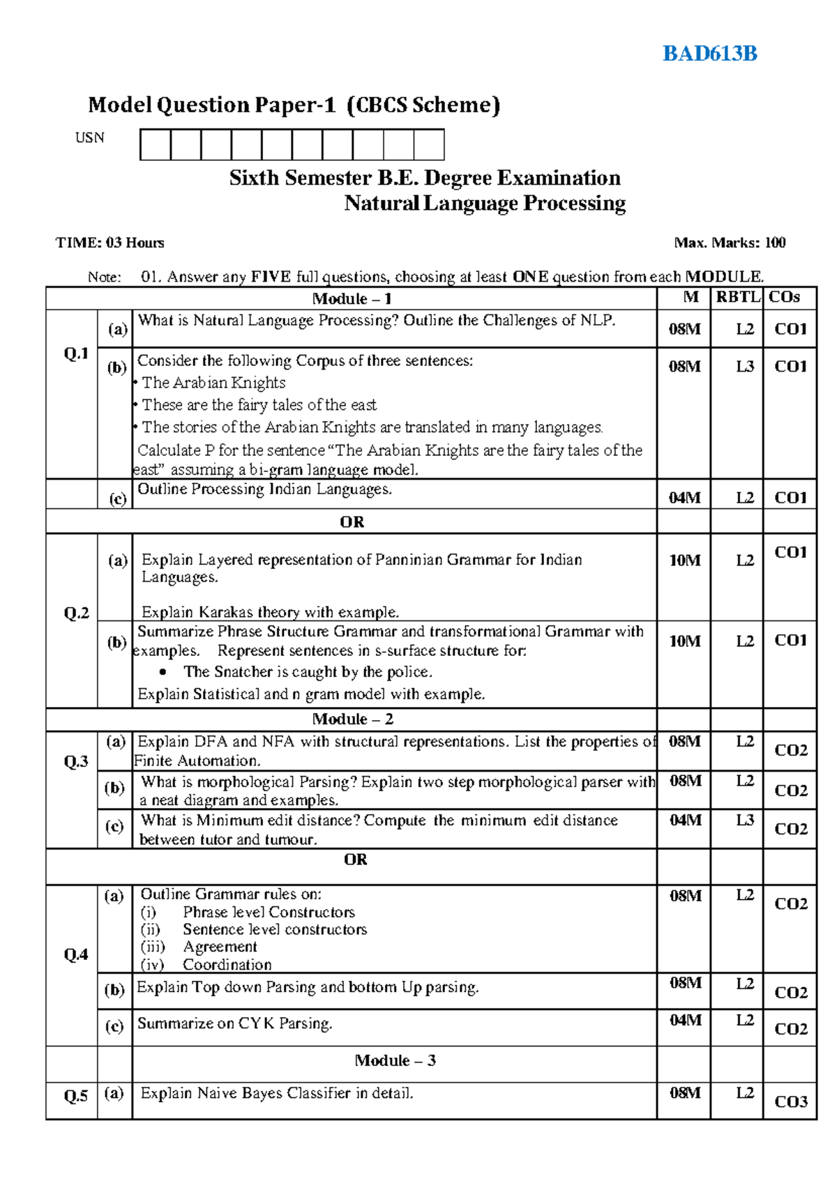 BAD613B 3MQP - Model Question Paper for NLP Exam - Studocu