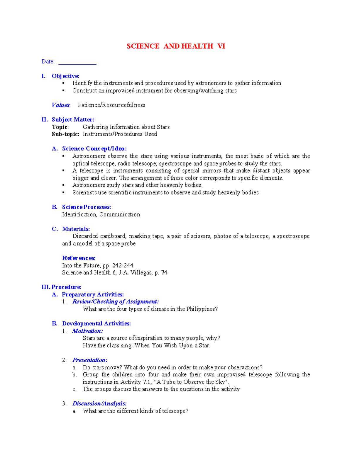 DLP Science 6 Q4 - Lesson Plan on Characteristics of Stars and ...