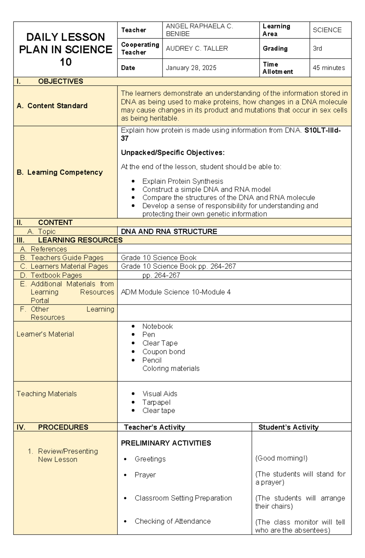 1 LP DNA RNA AILA - Lesson plan in DNA and RNA Structure - DAILY LESSON ...