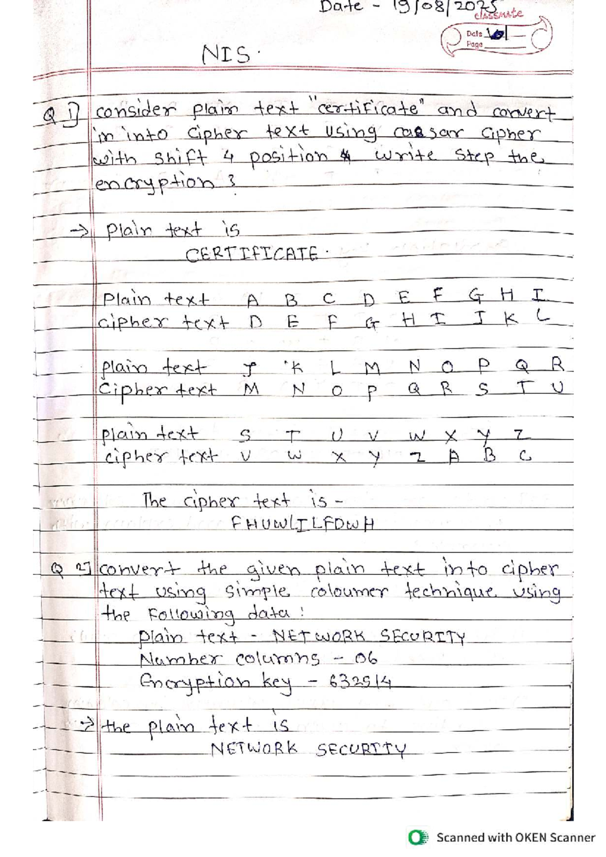 NIS - Cipher Techniques: Caesar & Columnar Encryption Explained - Studocu