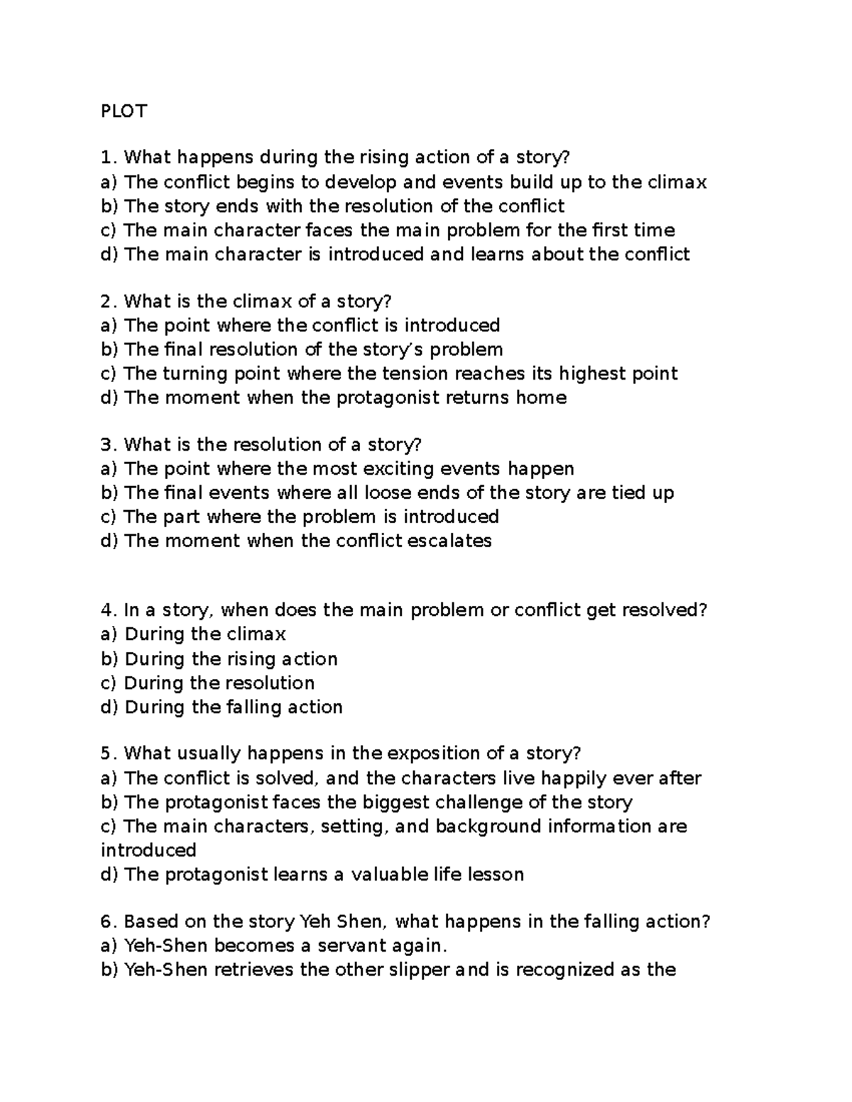 Plot and conflict test - Quiz - PLOT What happens during the rising ...