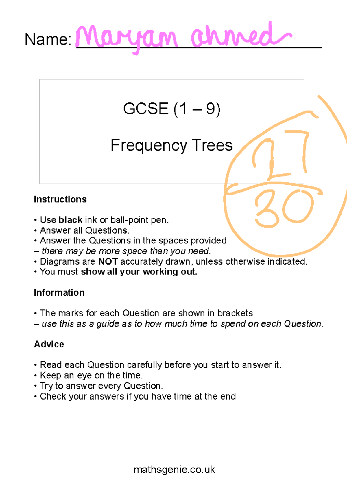 GCSE (1 9) Frequency Trees Practice Questions and Instructions - Studocu