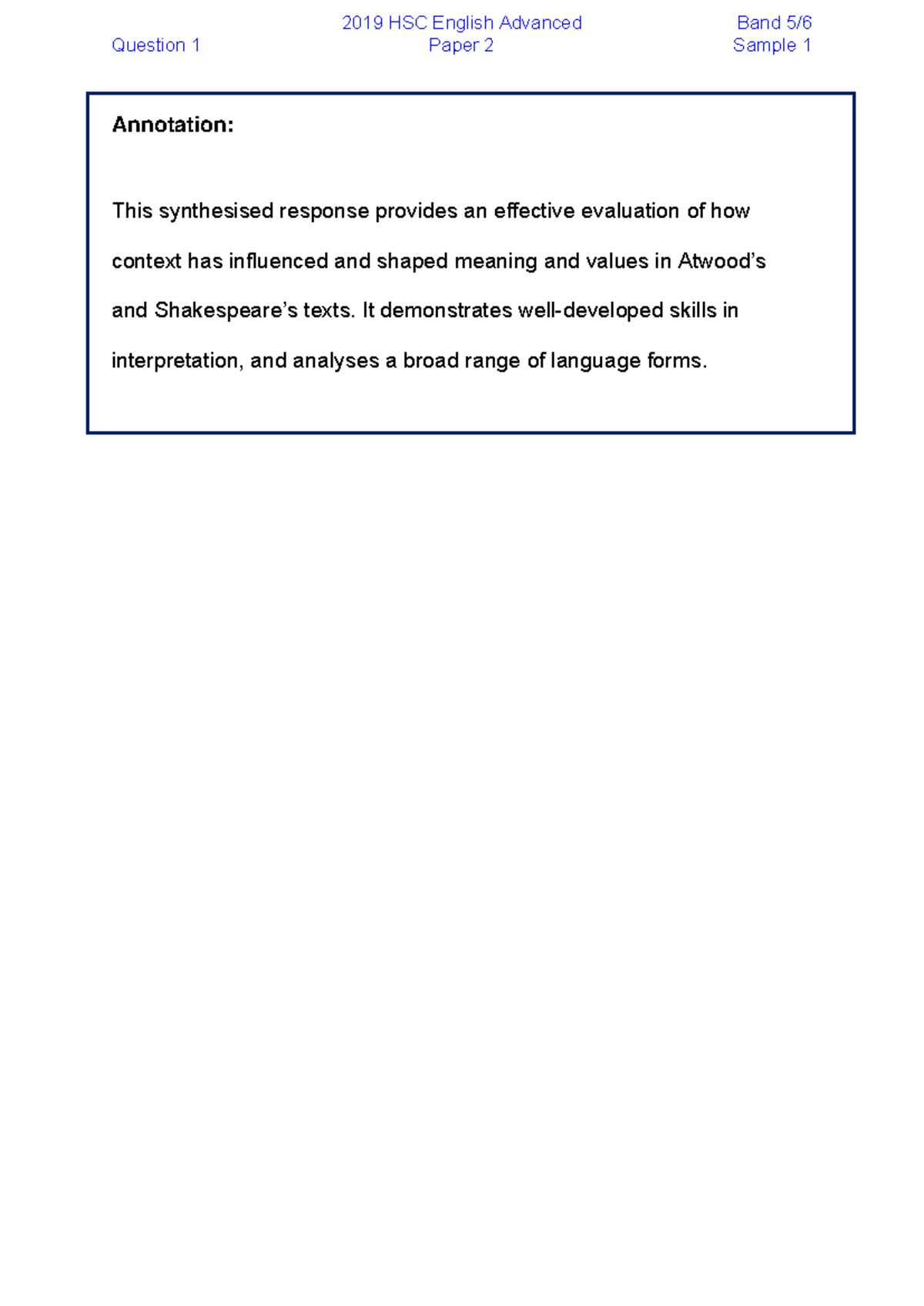 HSC English Adv 2019 Paper 2 Band Sample 1: MOD A Exemplar 1 - Studocu