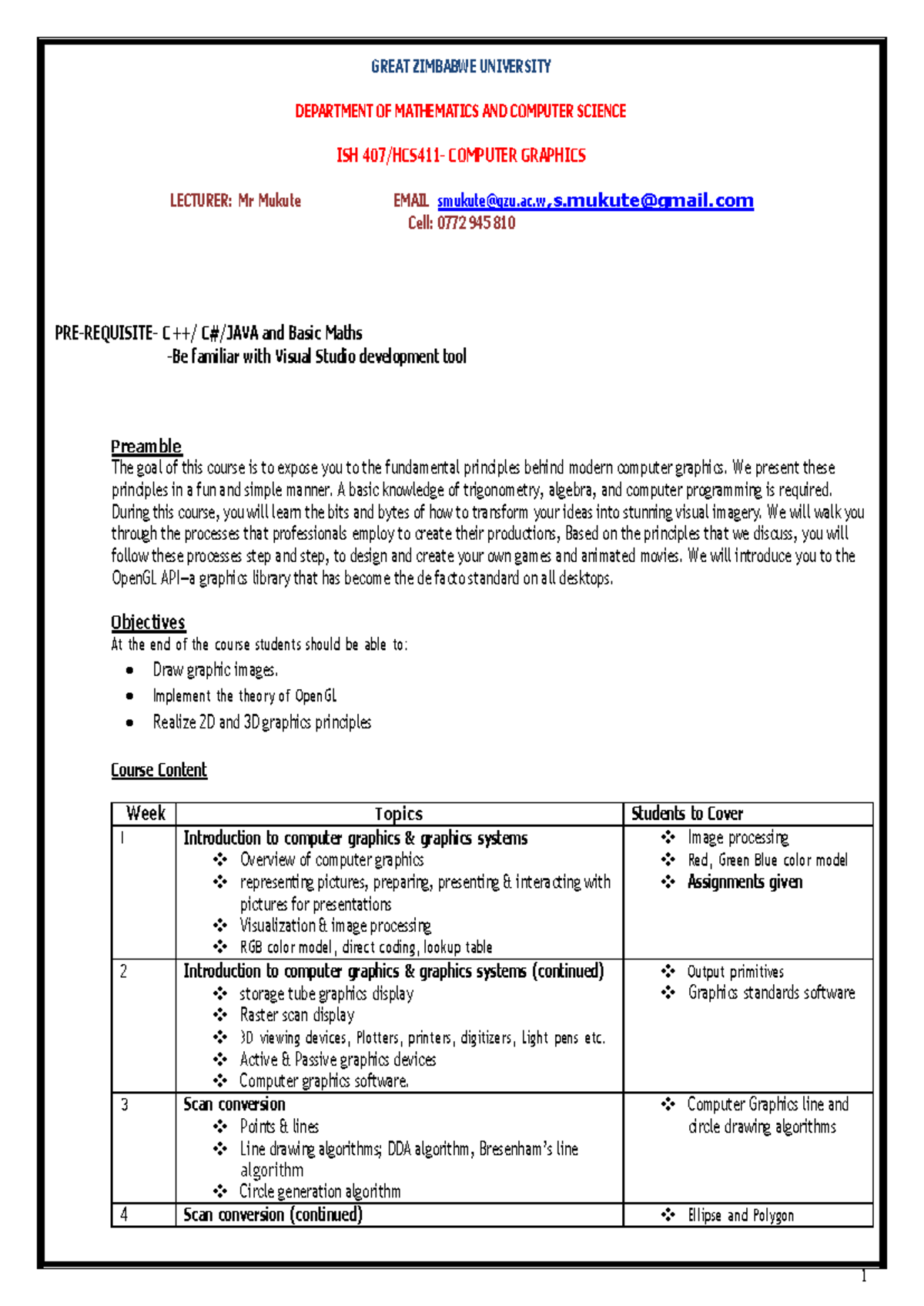 GZU MATHEMATICS & CS: Computer Graphics Course Outline - Studocu
