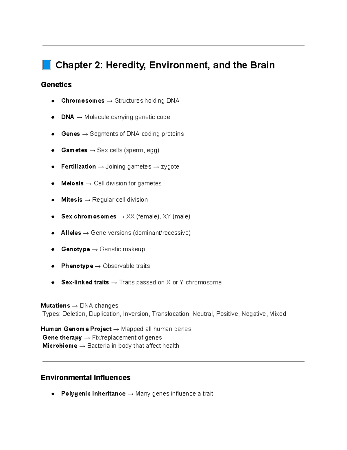 Chapter 2: Heredity, Environment, and Brain Genetics Overview - Studocu