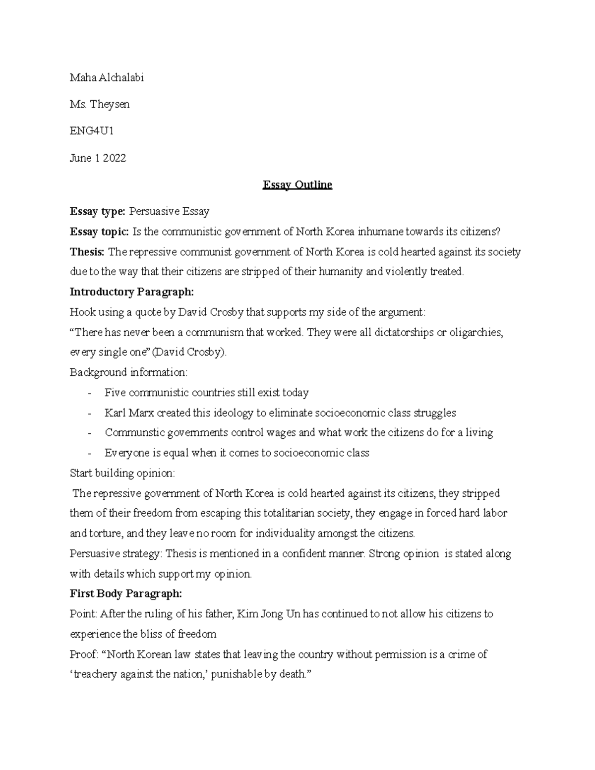 ENG4U Essay Outline: Persuasive Argument on North Korean Government's ...