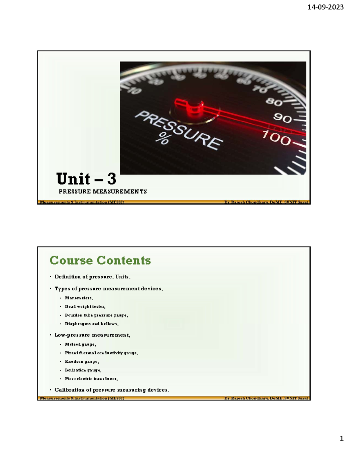 Unit 3 Pressure Measurements: Devices and Definitions - Studocu