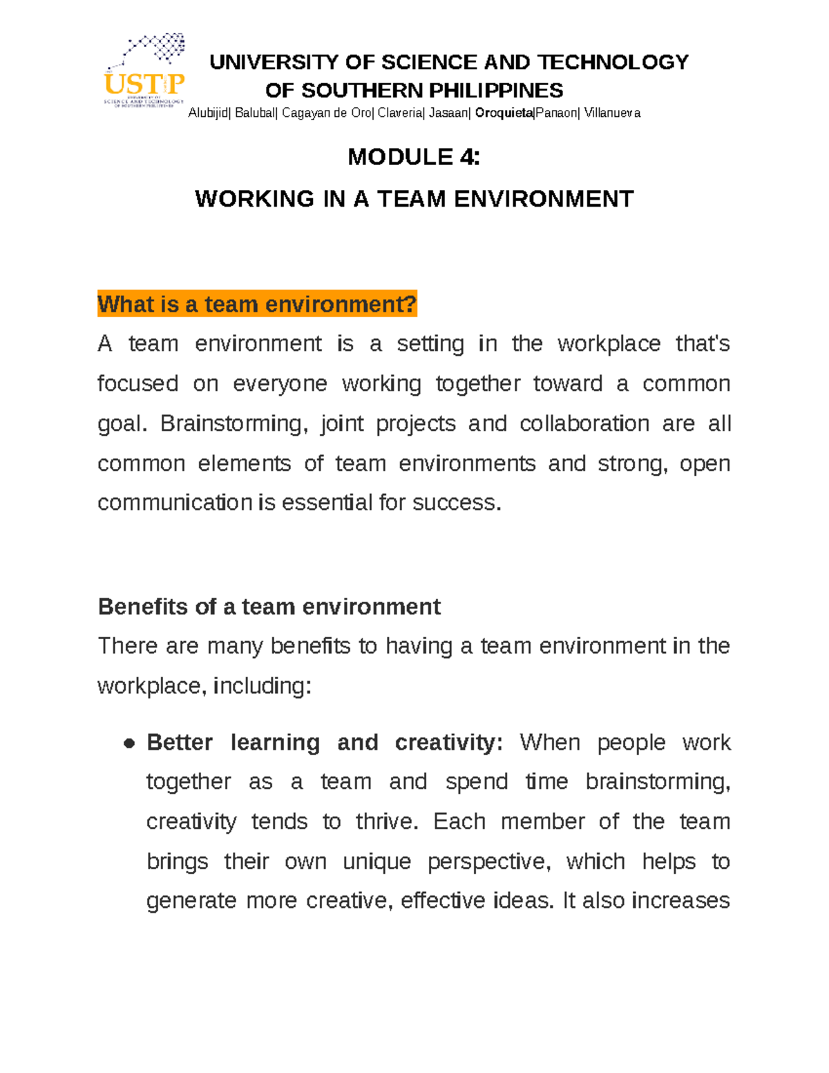 Module 4 ICT 328 - ... - UNIVERSITY OF SCIENCE AND TECHNOLOGY USTP OF ...
