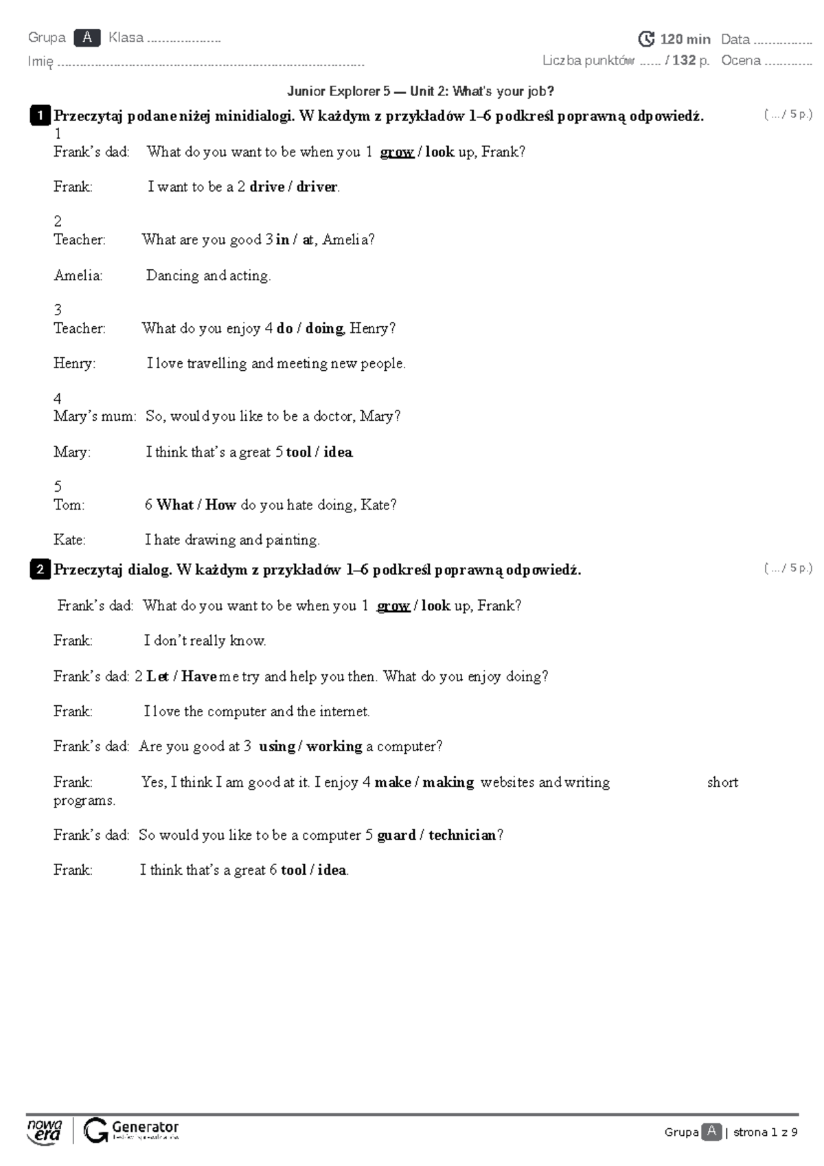 Junior Explorer 5 - Unit 2: What's Your Job? Test with Scoring - Studocu