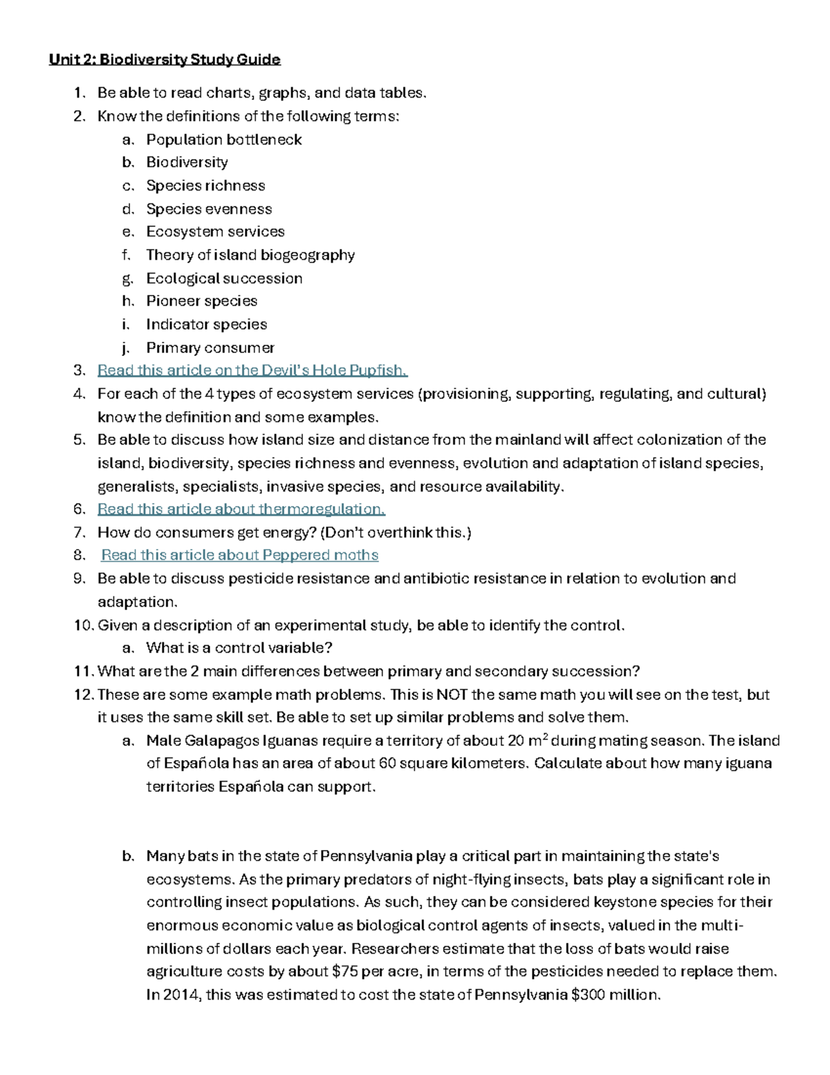 BIOL 101: Unit 2 Biodiversity Study Guide & Ecosystem Services - Studocu