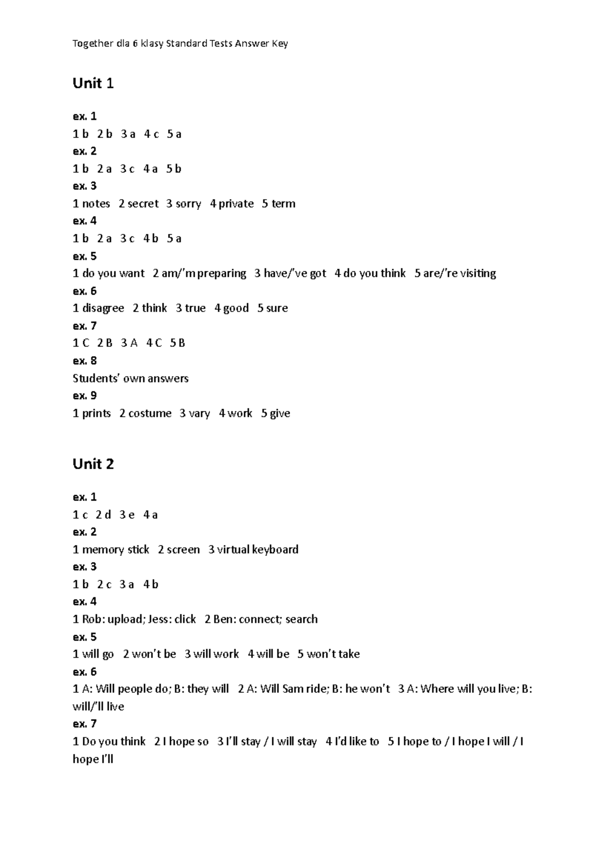 Together kl6 Standard Tests Answer Key for Dyslexic Students - Studocu
