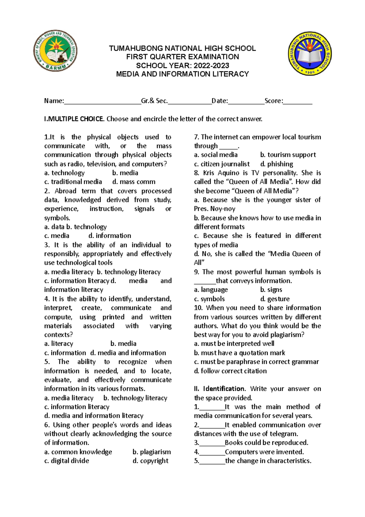 First Quarter Exam Sample - Media and Information Literacy (MIL) - Studocu