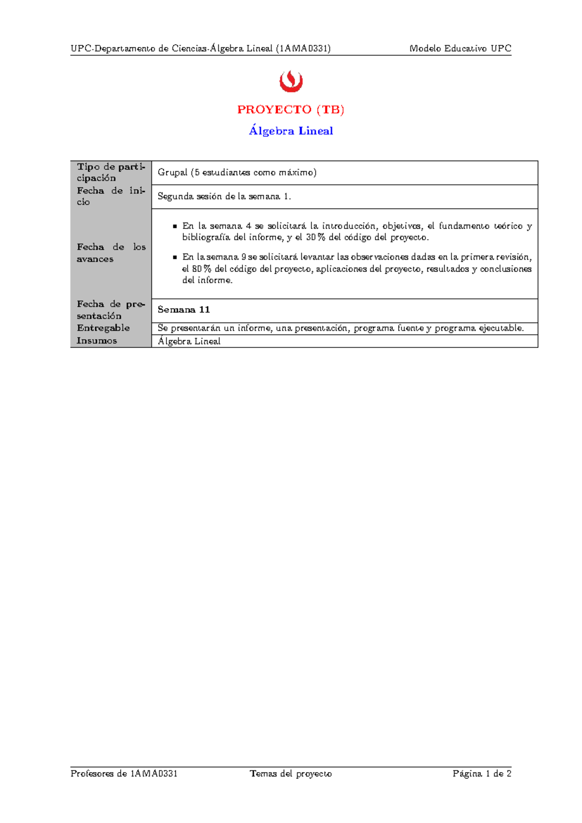 Proyecto Educativo de Álgebra Lineal (1AMA0331) - Guía y Fechas - Studocu
