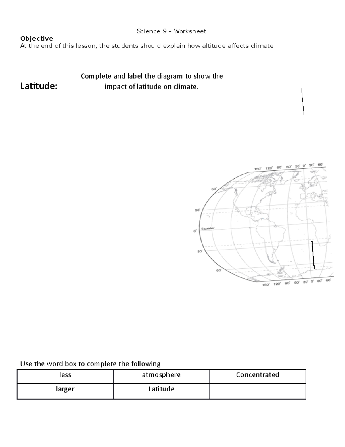 Altitude affect climate - Science 9 – Worksheet Objective At the end of ...