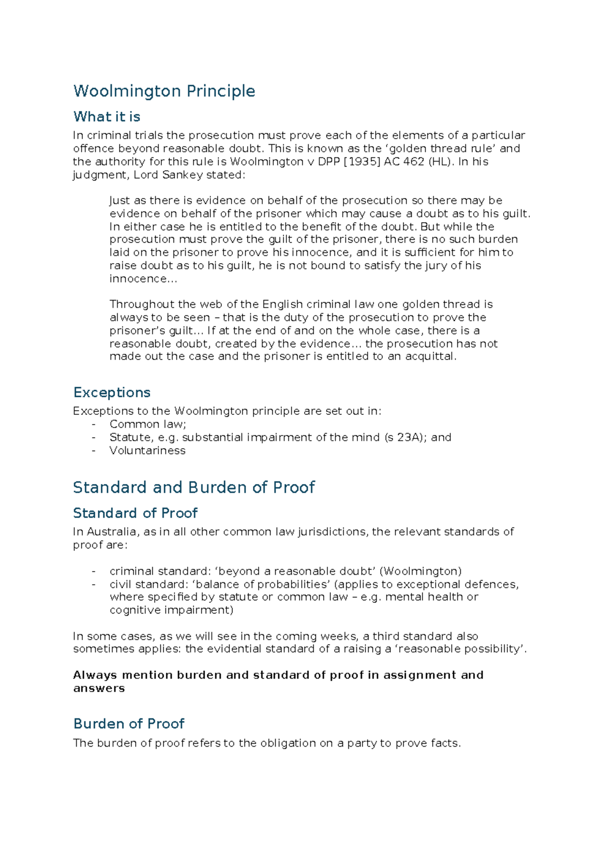 Woolmington Principle: Understanding Burden & Standard of Proof - Studocu