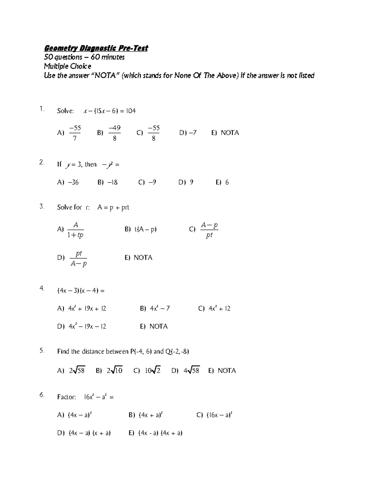 Geometry Summer Assignment 2022: Diagnostic Test with 50 MCQs - Studocu