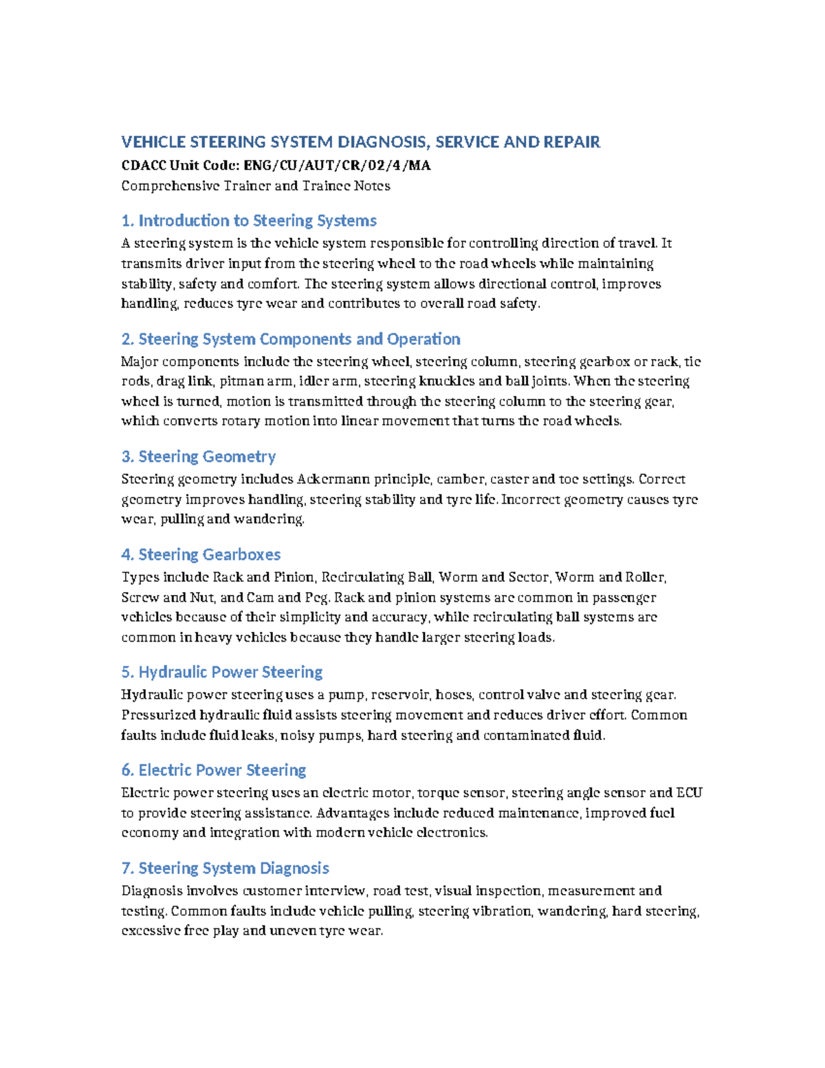 VEHICLE STEERING SYSTEM DIAGNOSIS & REPAIR CDACC Notes - Studocu