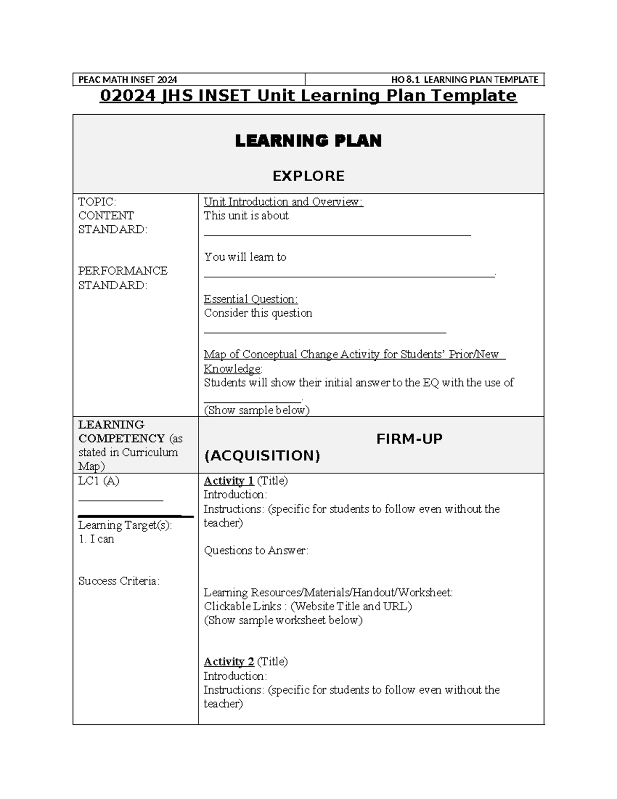 MATH-8 - 2024 PEAC INSET Unit Learning Plan Template - Studocu