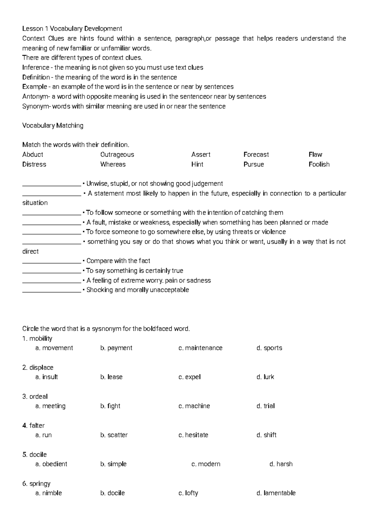 Lesson 1: Vocabulary Development & Context Clues (DAY2 Vocab 7) - Studocu