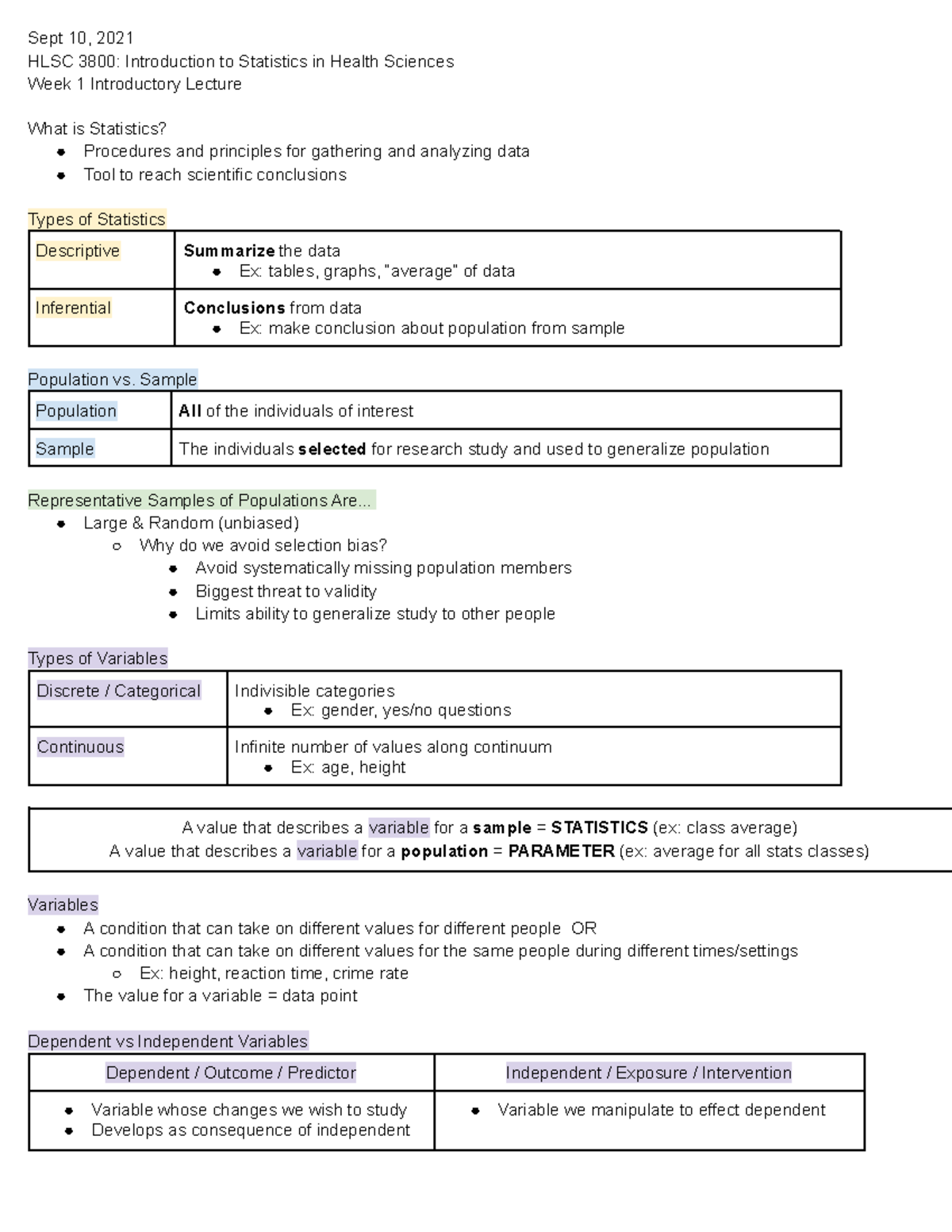 Summary (2)stat - Stats notes !!!!! - Sept 10, 2021 HLSC 3800 ...