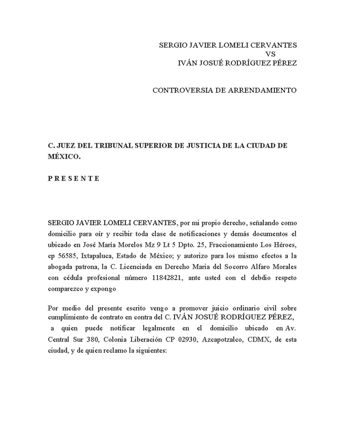 Demanda Contrato de Arrendamiento - SERGIO JAVIER LOMELI CERVANTES VS ...