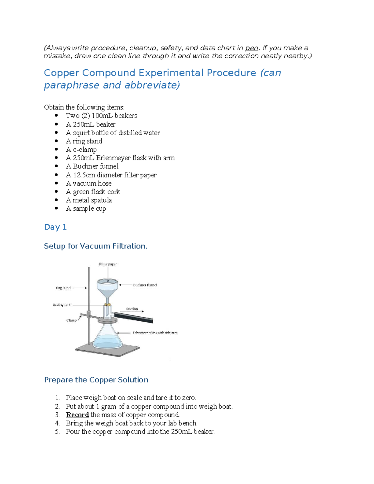 1411 Exp 4 - Copper Compound Lab Procedure and Filtration Steps - Studocu