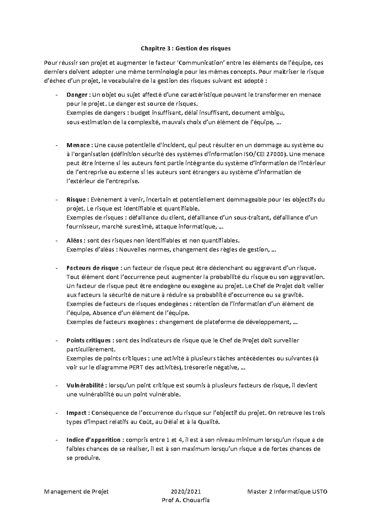 Chapitre 3 : Gestion des Risques - Master 2 Informatique USTO - Studocu
