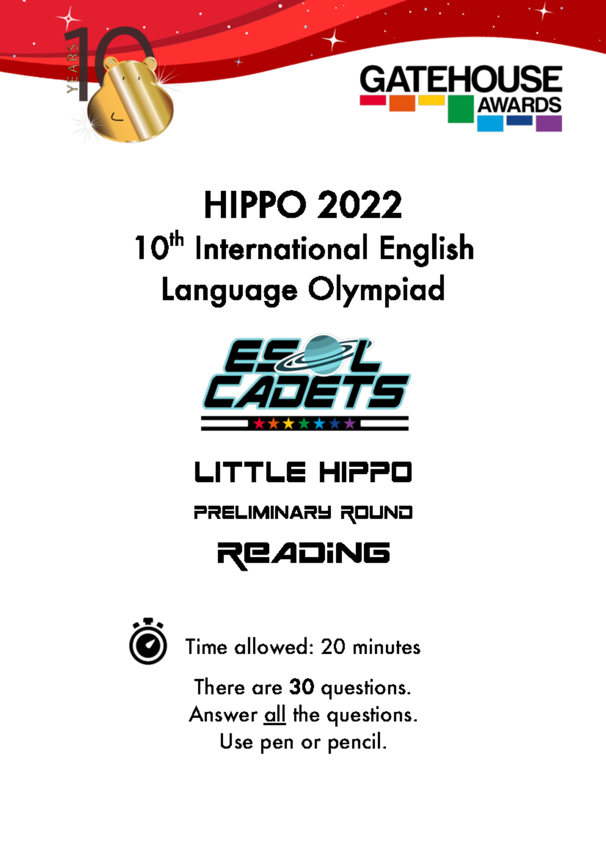 HIPPO 2022 Little Hippo Preliminary Round Reading & Use of English Test ...